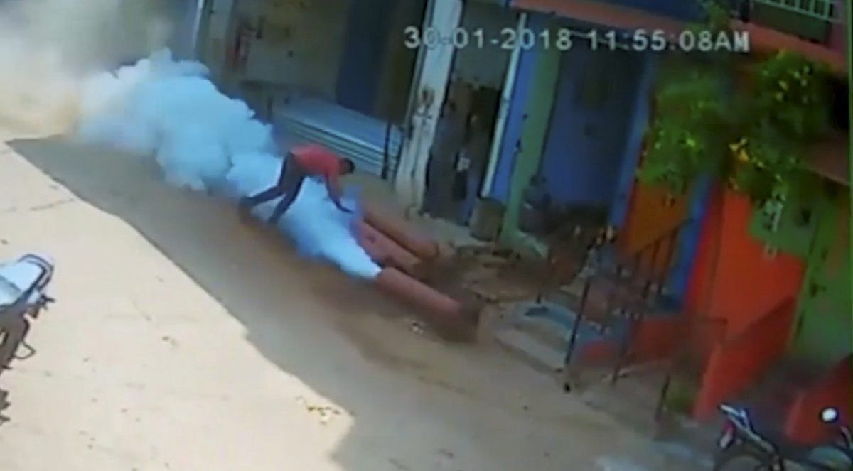 Watch: The moment a gas cylinder exploded and rocketed 70m through the air