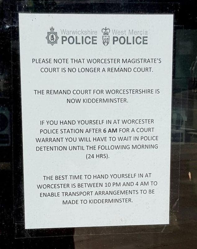 Police station notice telling wanted criminals the best time to hand ...