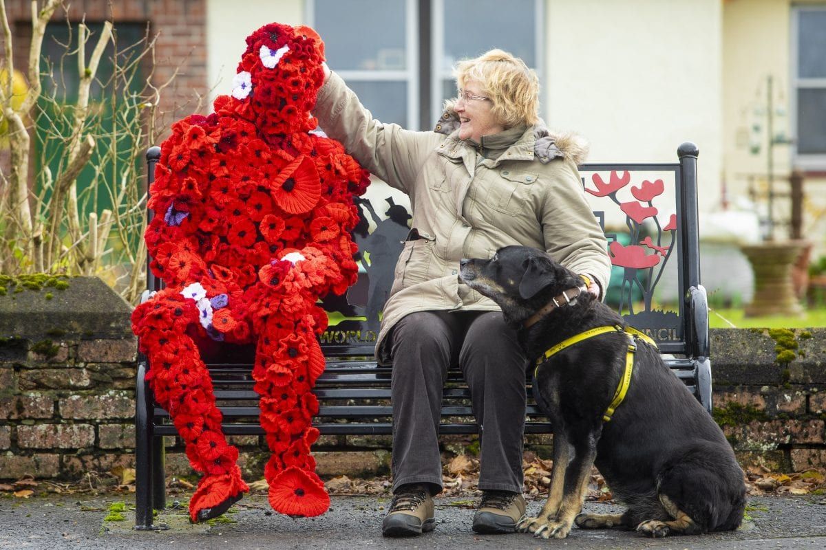 Human figure "Poppy Man" made from crocheted poppies sitting on a ...