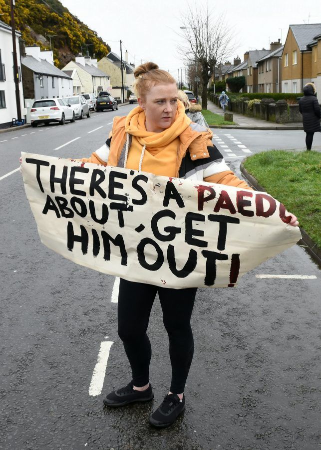 Protesters wave signs including ‘Watch out, there’s a paedo about ...