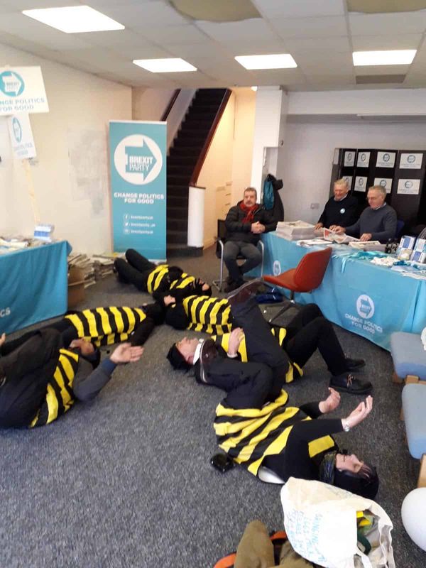 Climate change protesters dressed as bees invade Brexit Party office
