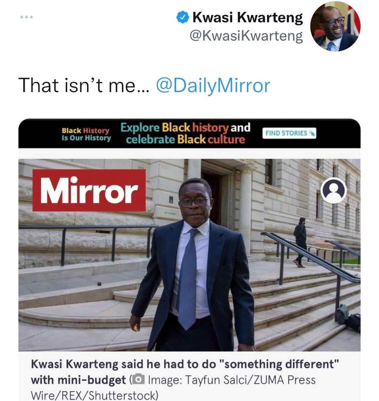 Mirror apologises after using WRONG IMAGE of Kwasi Kwarteng