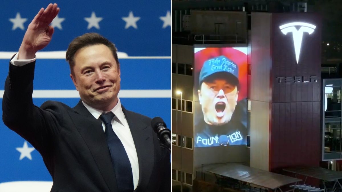 Led By Donkeys project searing Elon Musk video on Tesla HQ wall