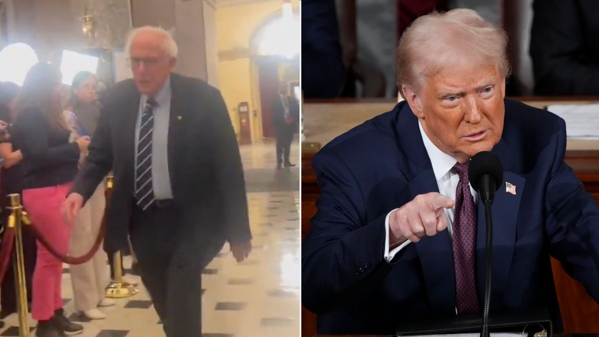 Bernie Sanders walks out during Trump's Congress address