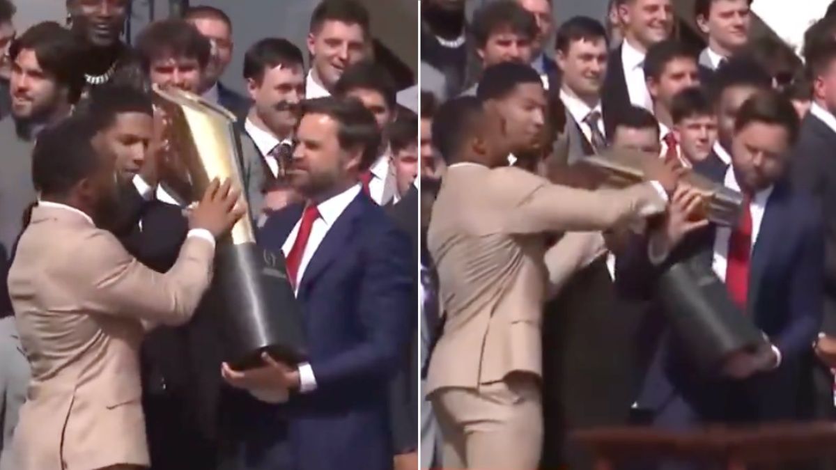 JD Vance breaks national championship trophy on live TV