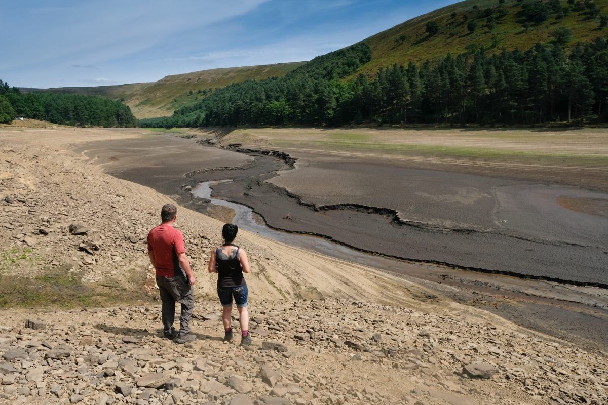 Aerial view of Howden Reservoir lays bare the stark landscape of ...
