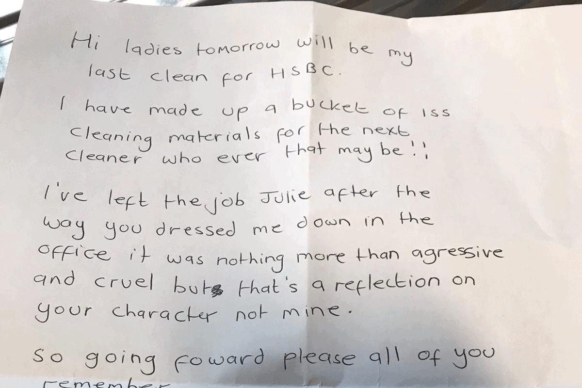 Cleaners note to 'cruel' boss goes viral on social media