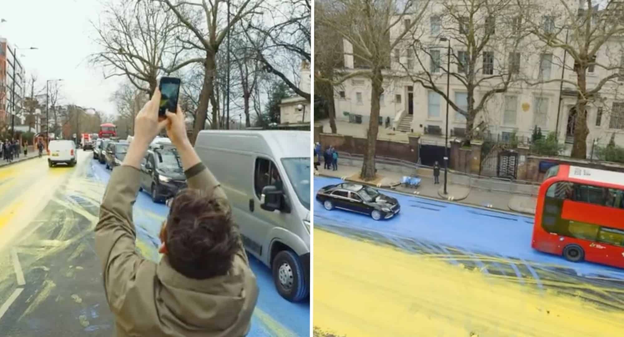 Led By Donkeys paint huge Ukraine flag outside Russian embassy