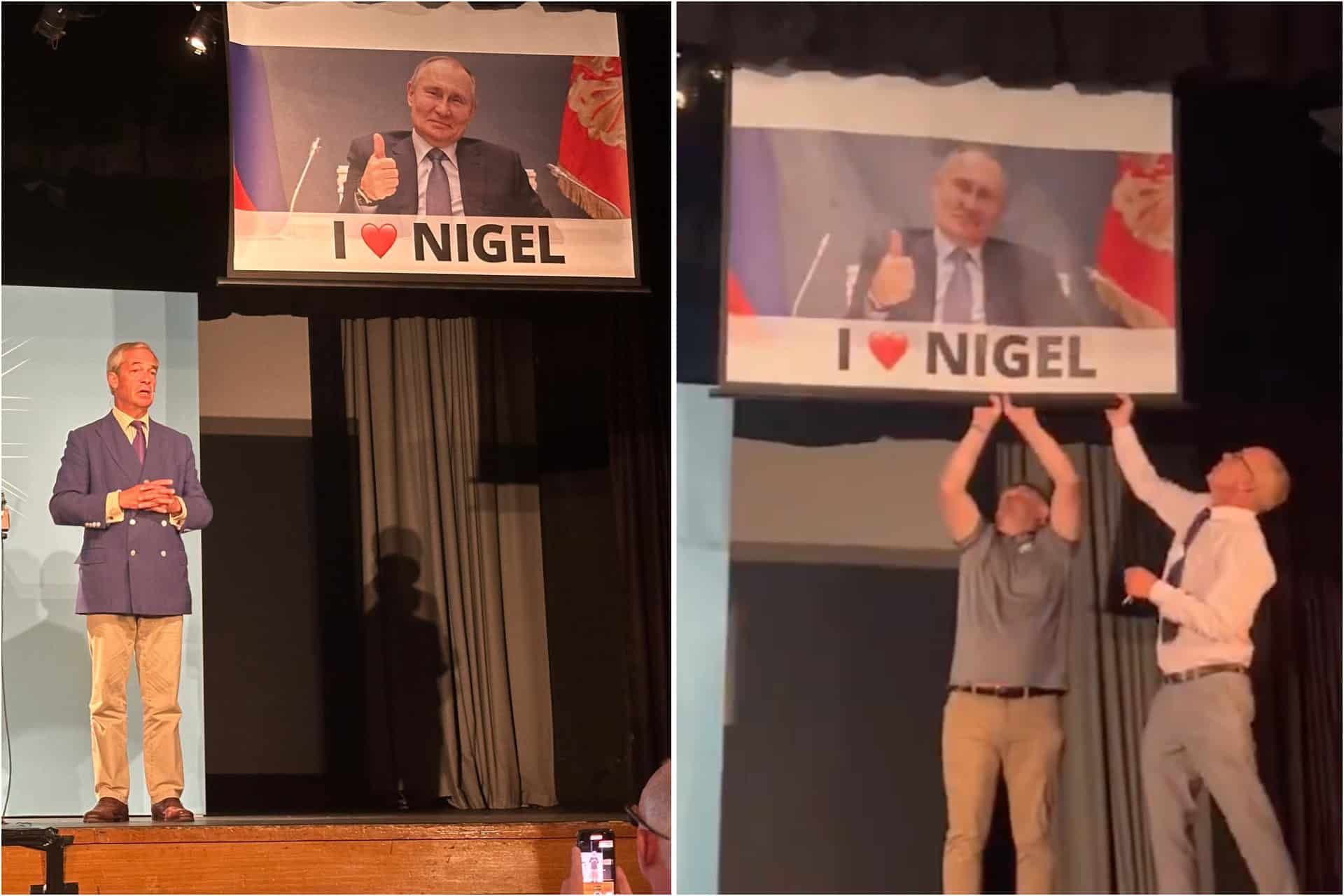 Remote-controlled Putin banner unveiled during Farage speech